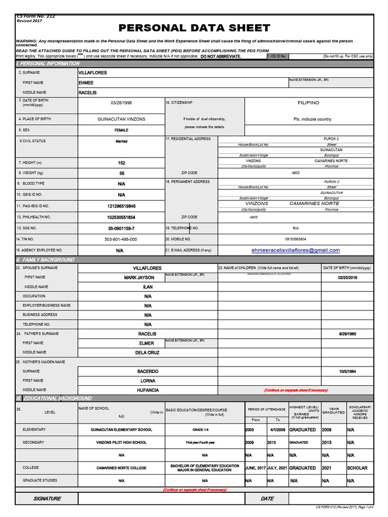 (PDS) Personal Data Sheet Revised | PDF | English As A Second Or ...