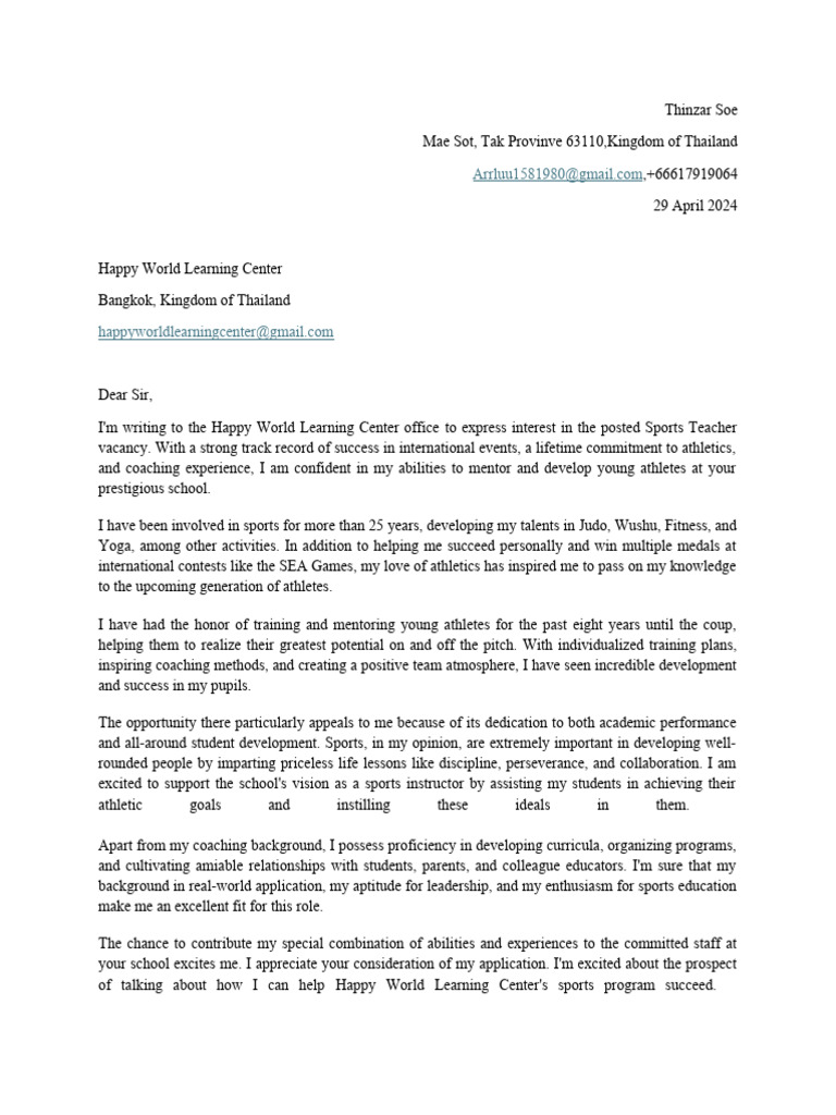 Thin Zar Soe - Cover Letter | PDF | Mentorship | Teaching