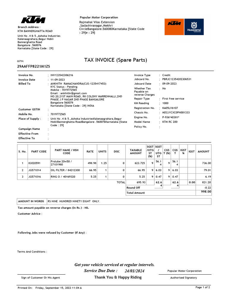 TAX INVOICE (Spare Parts) : 29AAFFP8221M1ZS | PDF | Taxes | Government ...