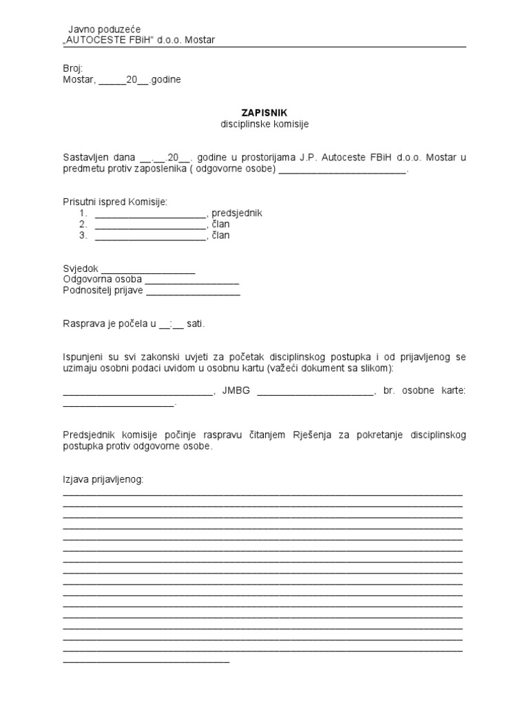 Zapisnik Prvostepene Disciplinske Komisije Draft - Eventualni | PDF