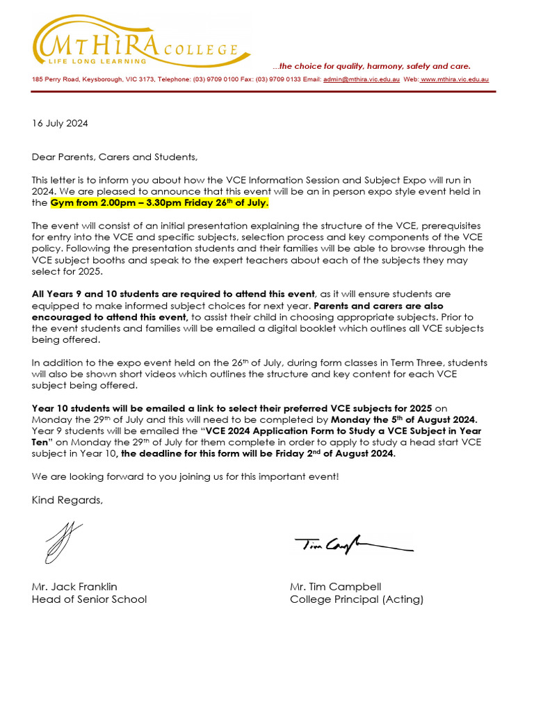 2024 VCE Information Session Parent Letter | PDF