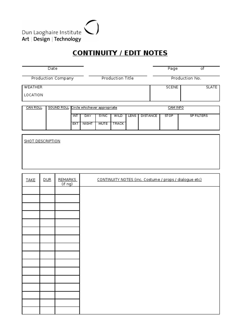 Continuity Sheet Pdf