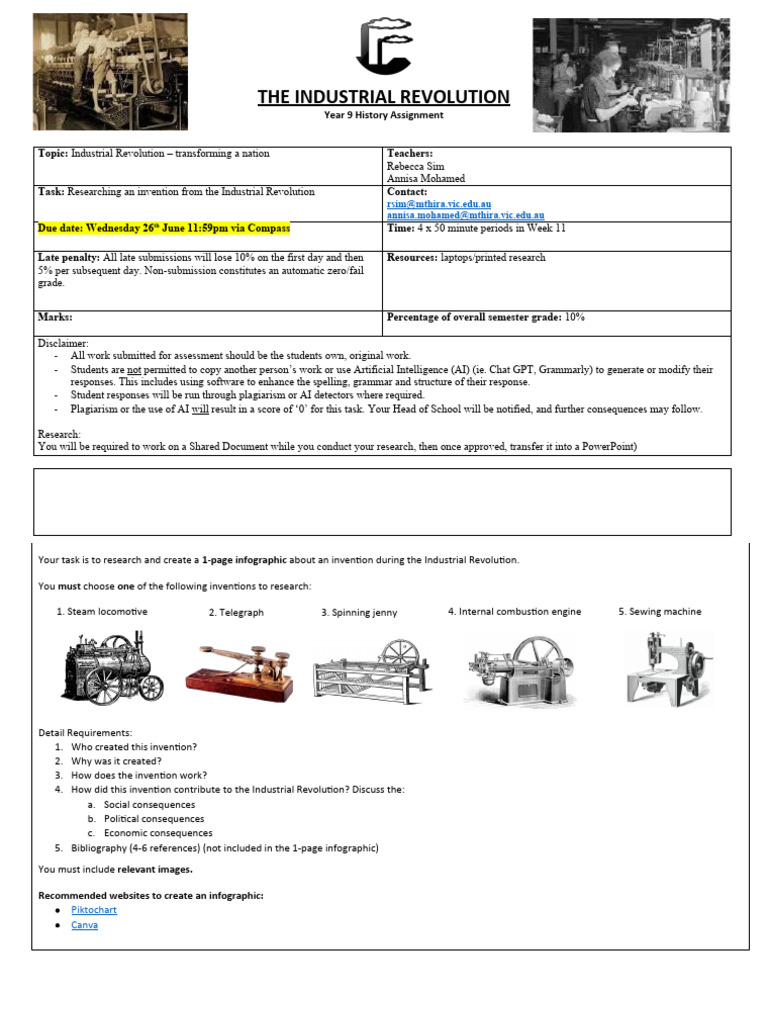 Year 9 History Assignment 2 - Industrial Revolution Invention Task ...