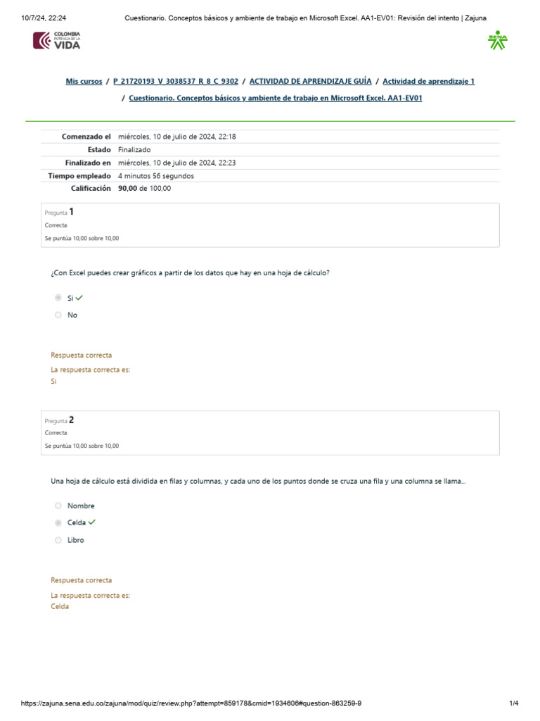 Cuestionario. Conceptos Básicos y Ambiente de Trabajo en Microsoft Excel. AA1-EV01 - Revisión ...