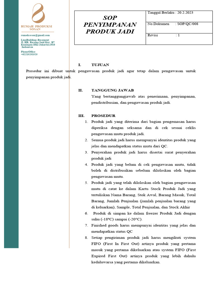SOP-QC-008 PENYIMPANAN PRODUK JADI Rev.1 | PDF