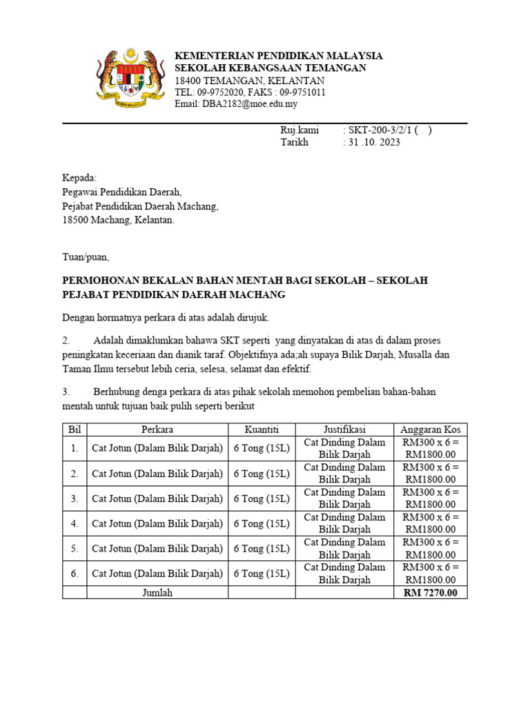 Surat Permohonan Bekalan Bahan Mentah | PDF