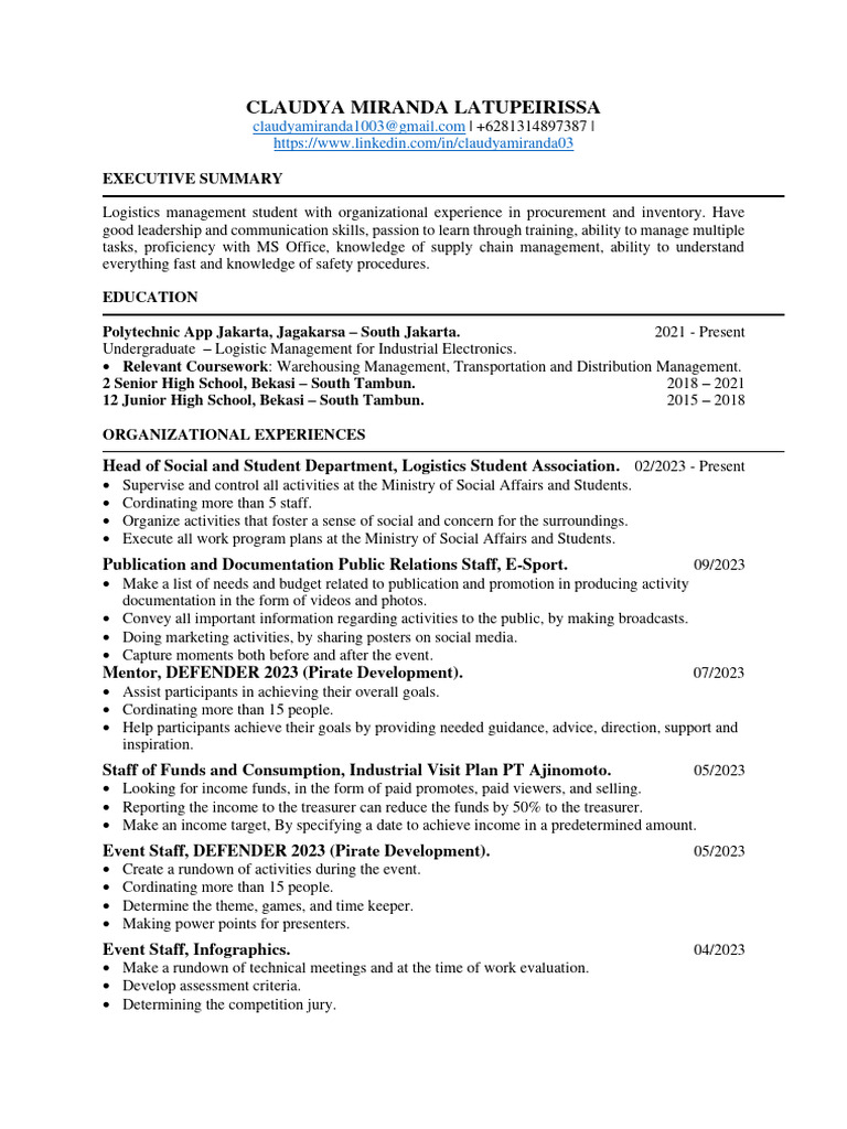 Resume Claudya Miranda Latupeirissa | PDF | Logistics | Business