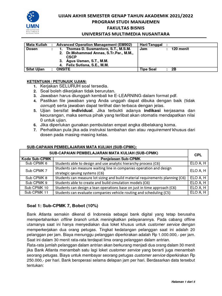 Onsite-Soal UAS 21-22 EM 902 Advanced Operation Management-InD-Onsite ...