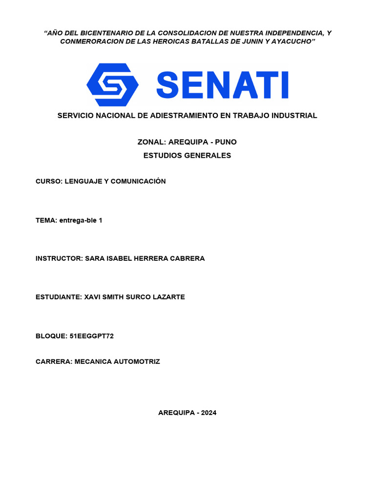 Lenguaje y Comunicacion Entregable 01 Senati Primer Semestre | PDF | Verbo | Adjetivo