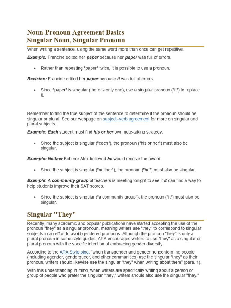 Noun-Pronoun Agreement Basics | PDF | Grammatical Number | Plural