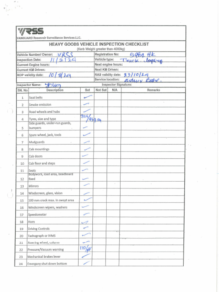 Heavy Goods Vehicle Inspection Checklist | PDF