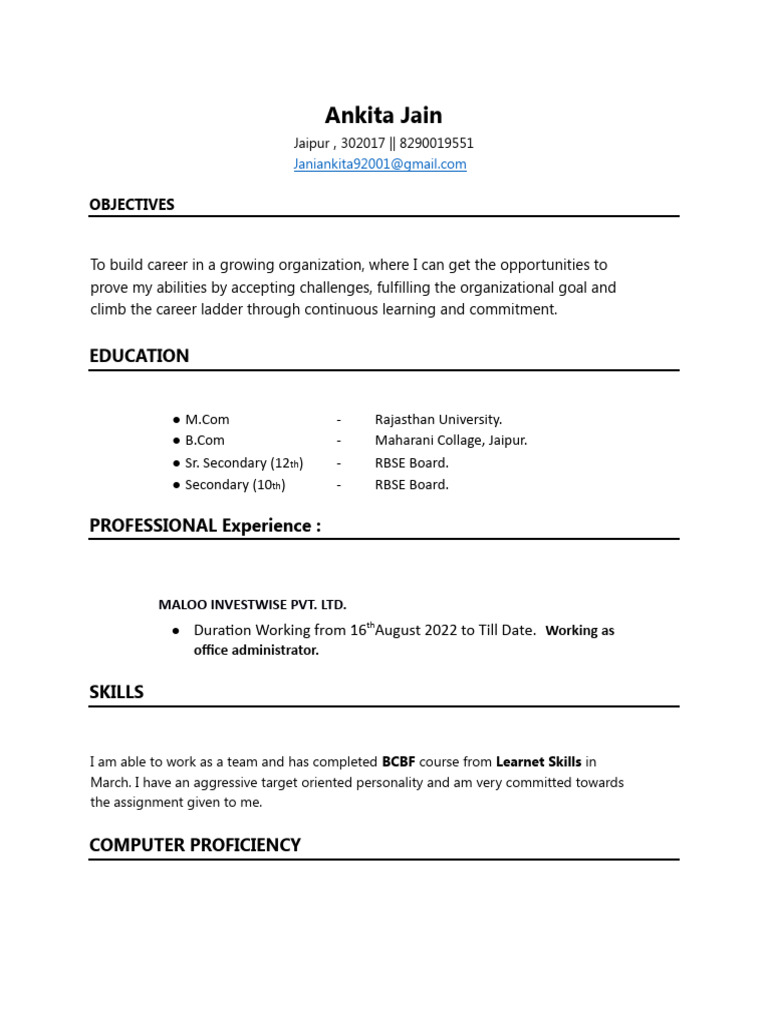 Ankita Jain - Professional Profile & Resume | PDF