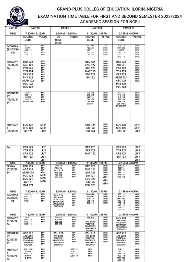 Gpc23 1st N 2nd Semester Exam Timetable 2024 | PDF