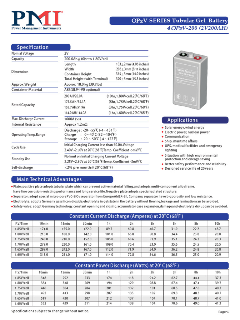 PMI - 4OPzV200 2V200Ah Specification | PDF | Energy Technology | Power (Physics)