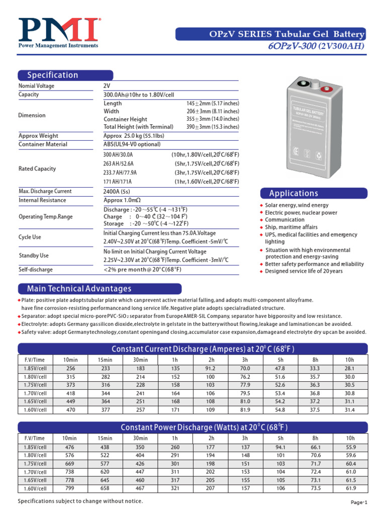 PMI_6OPzV300 2V300Ah Specification | Download Free PDF | Electricity | Electrical Engineering