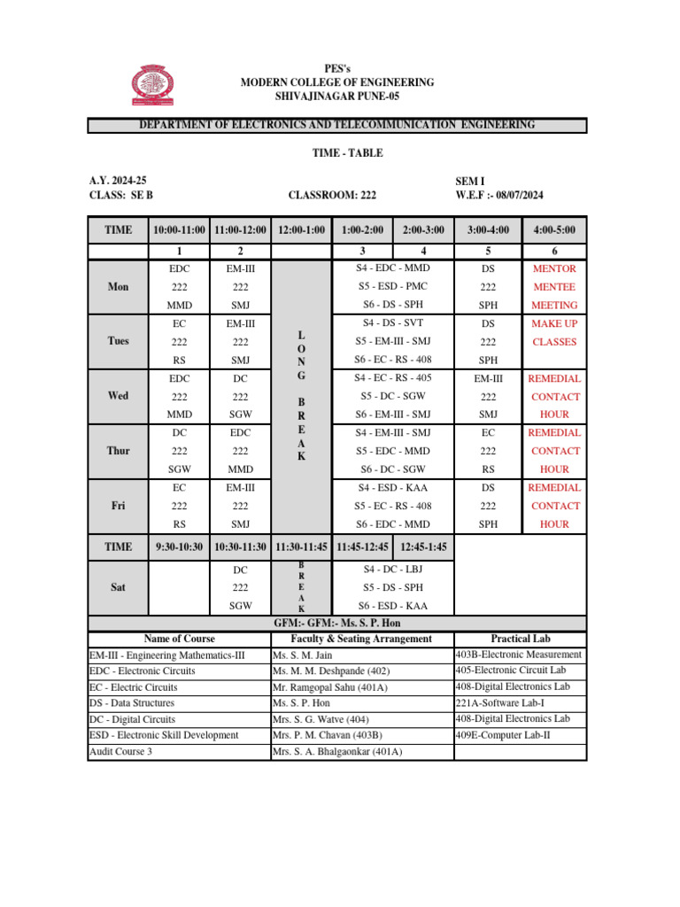 SE B Classwise Time Table AY-2024-25 Sem-I | PDF | Computer Engineering | Electronic Engineering