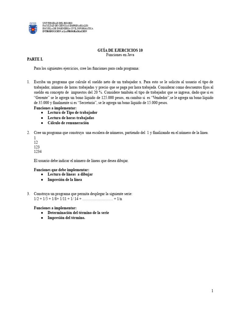 Guia de Ejercicios 10 JAVA Funciones | PDF | División (Matemáticas) | Java (lenguaje de ...
