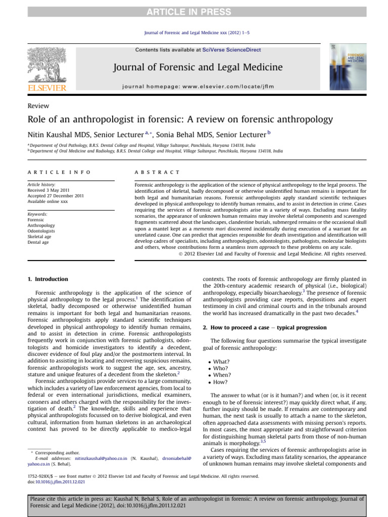Kaushal and Behal. Role of An Anthropologist in Forensic - A Review On ...