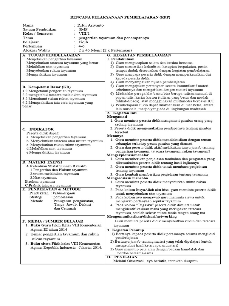 RPP Fiqih: Pengertian dan Tata Cara Tayamum | PDF | Pengembangan Diri ...