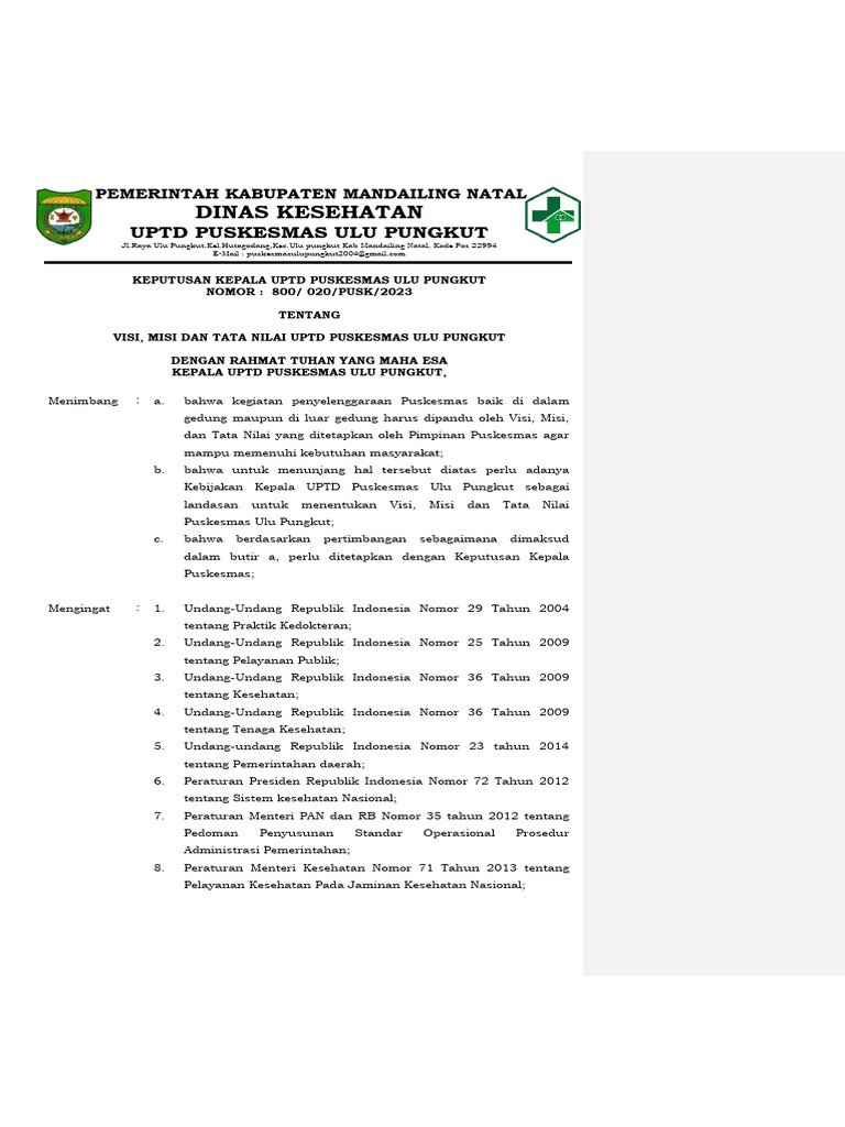 SK Tentang Penetapan Visi Misi, Tujuan Dan Tata Nilai Puskesmas | PDF