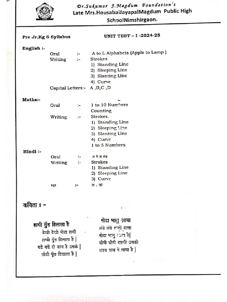 Pre JR - KG Syllabus | PDF