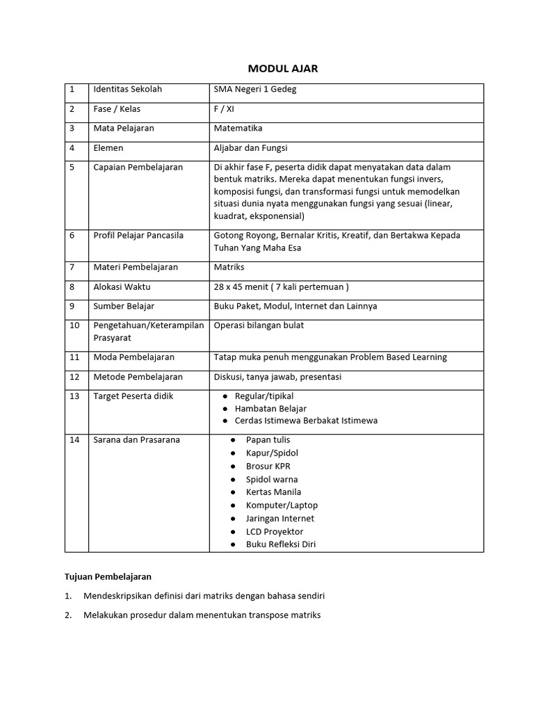 MODUL AJAR - Matriks | PDF