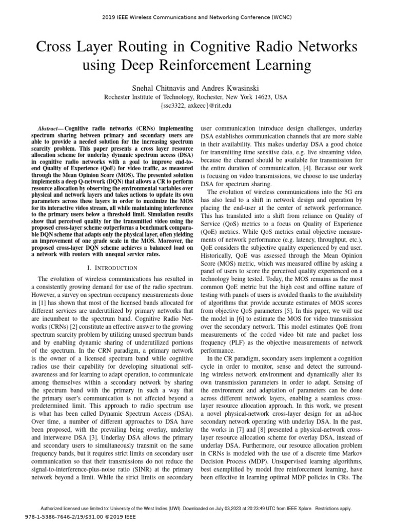 Cross Layer Routing In Cognitive Radio Networks Using Deep Reinforcement Learning Pdf