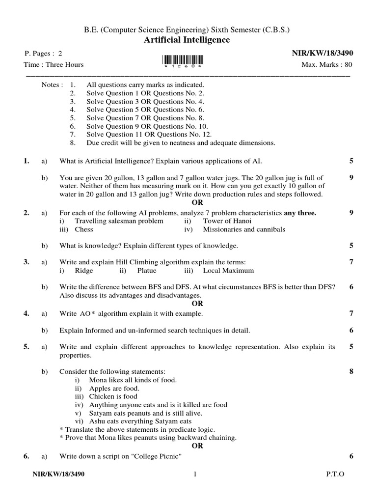 Cse 6 Sem Artificial Intelligence Winter 2018 Pdf Artificial