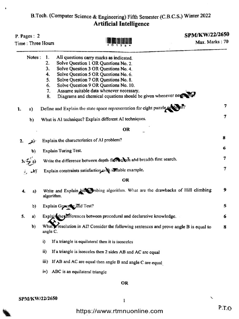 Cse 5 Sem Artificial Intelligence 2650 Winter 2022 | PDF