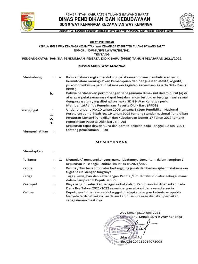 Pengangkatan Panitia PPDB SDN 9 Way Kenanga | PDF