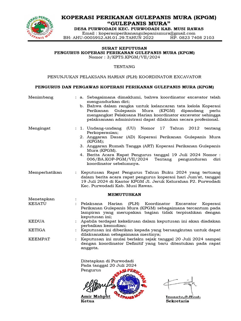 03 SK Pelaksana Harian PLH Koordinator Excavator | PDF