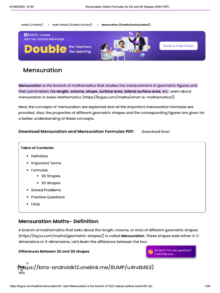 Mensuration Maths Formulas For 2D and 3D Shapes (With PDF | PDF