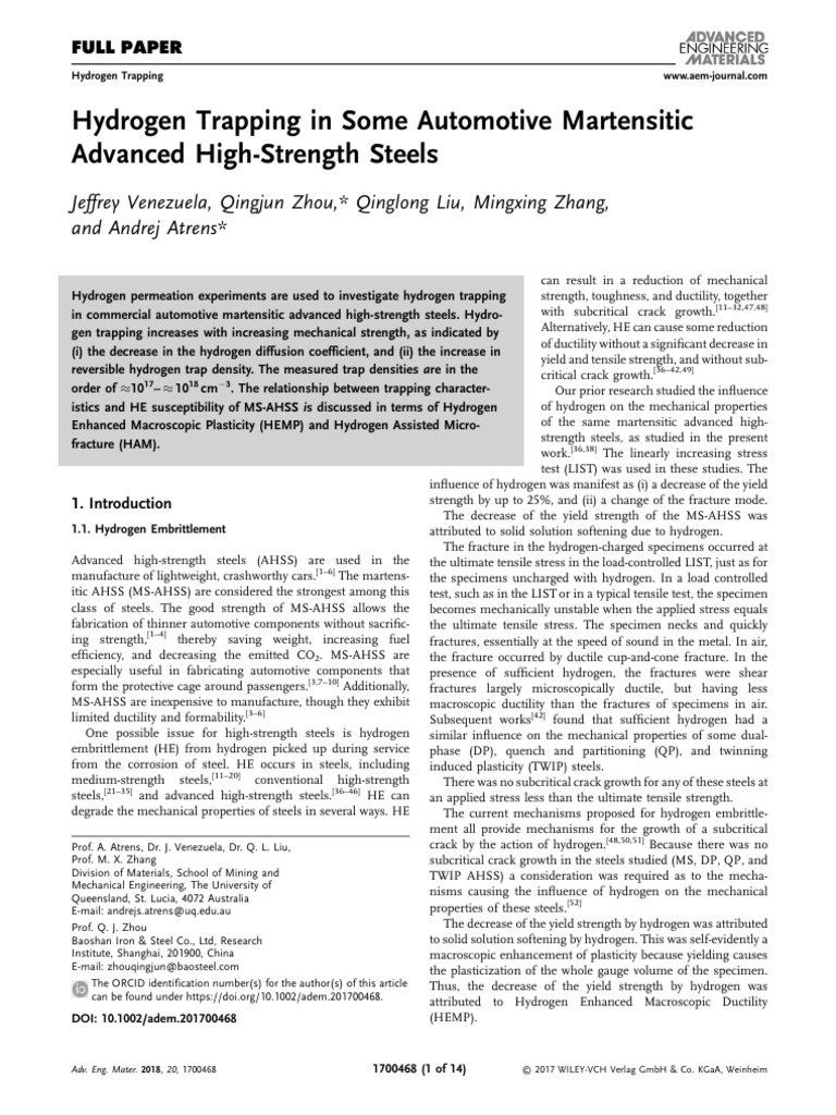 Hydrogen Trapping in Some Automotive Martensitic Advanced High Strength ...