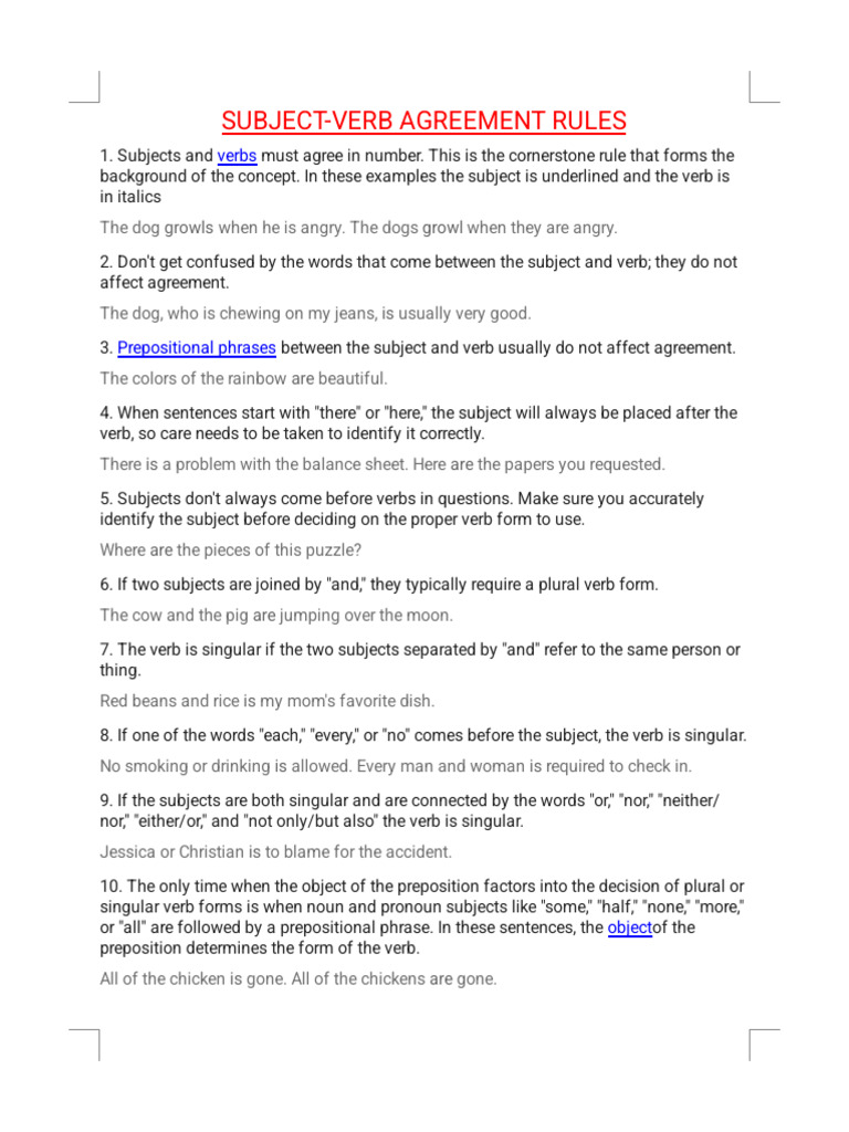 Subject-Verb Agreement Rules | PDF | Plural | Grammatical Number