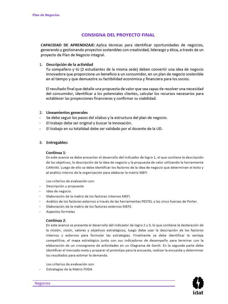 Consigna Final Formato - Taller Plan de Negocios | PDF | Plan de negocios | Business