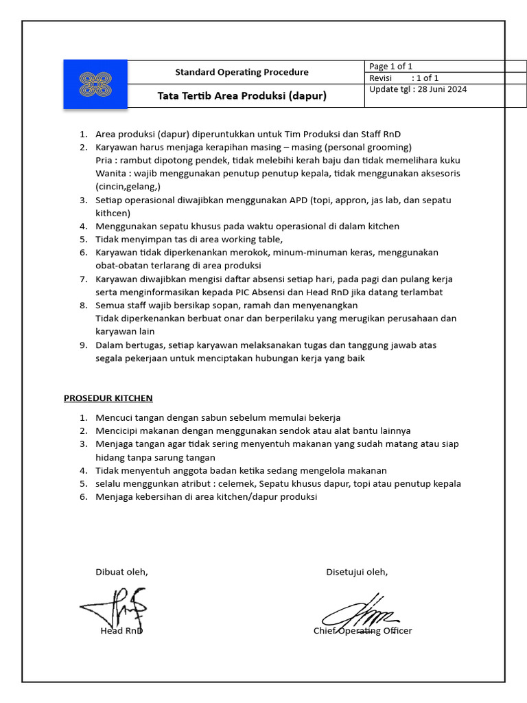 Tata Tertib Dapur dan SOP Produksi | PDF | Kesehatan Holistik ...