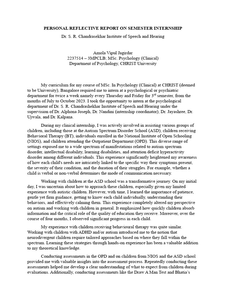 Personal Reflective Report On Semester Internship | PDF | Autism ...