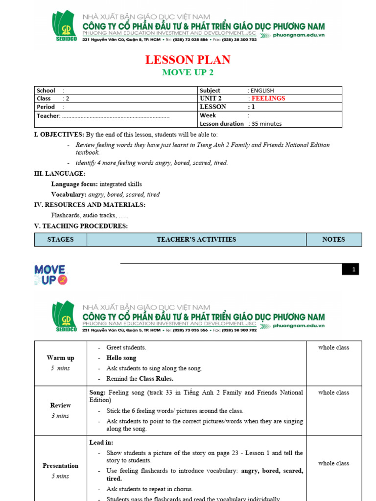 Move Up 2 - Kế hoạch bài dạy (Lesson Plan) - Unit 2 | PDF | Vocabulary ...