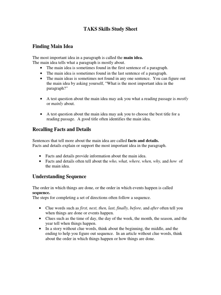 TAKS Reading Study Skills Sheet | PDF | Metaphor | Reading (Process)