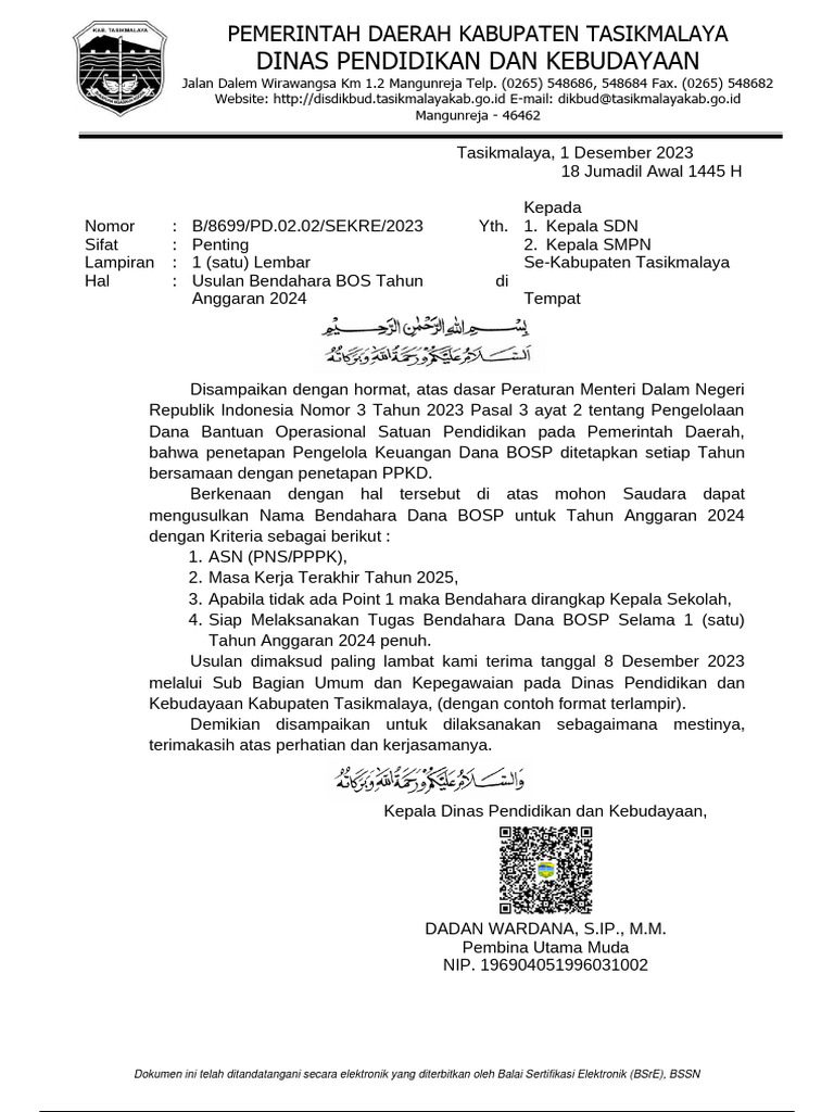 Usulan Bendahara BOS Tahun Anggaran 2024 | PDF