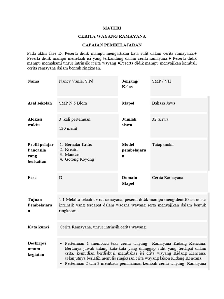 MATERI 3 CERITA WAYANG RAMAYANA - SMT Genap | PDF