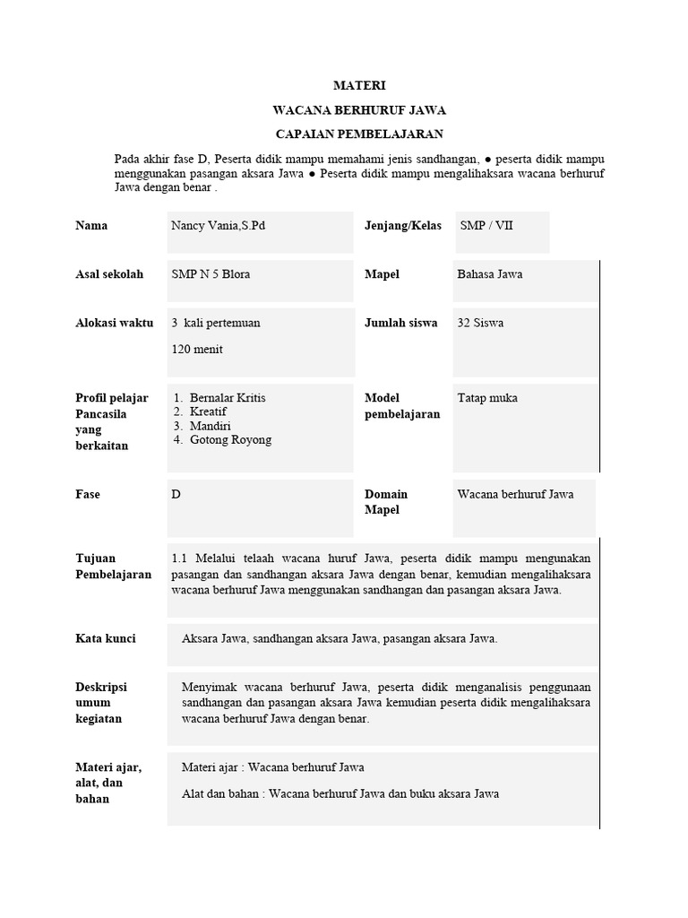 MATERI 5 WACANA BERHURUF JAWA - SMT Ganjil | PDF | Seni & Disiplin Bahasa | Kajian Bahasa Asing