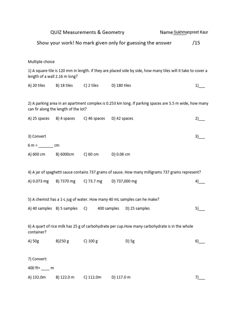 Geometry and Measurement Quiz | PDF | Area | Rectangle