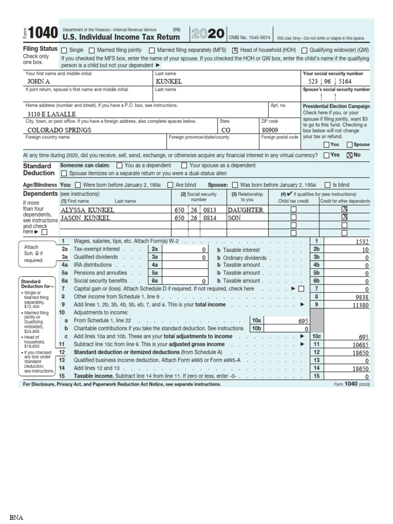 2020 U.S. Individual Tax Return Form 1040 | PDF | Irs Tax Forms | Tax ...