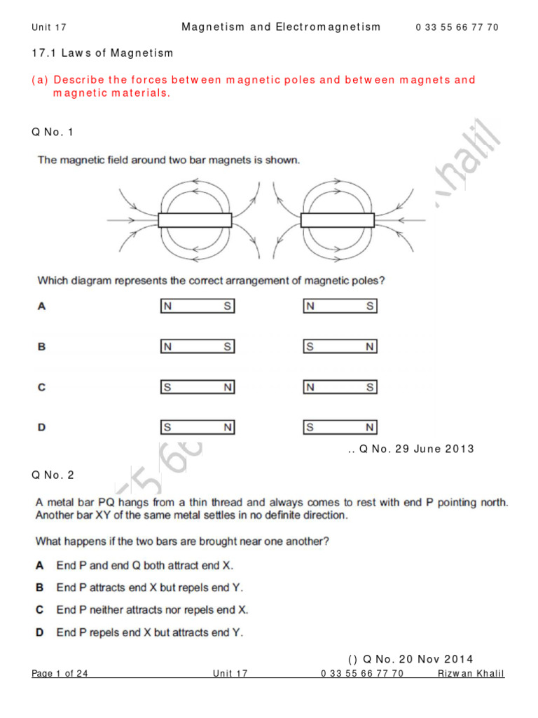 Unit 17 O Level Mcqs Magnetism And Electromagnetism Without