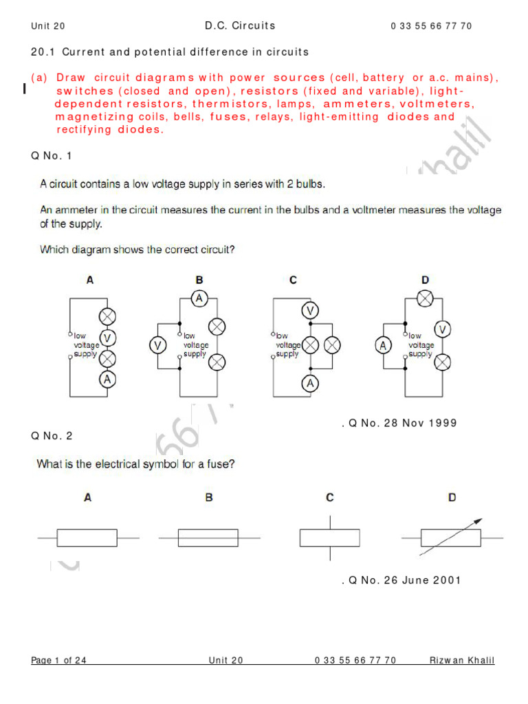 Unit 20 - O-Level MCQs - D.C. Circuits - Without Answers | PDF | Series And Parallel Circuits ...