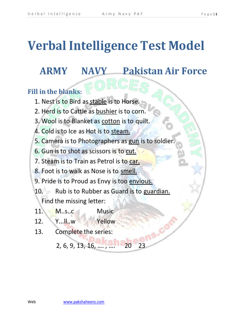 Verbal Intelligence Test for Military | PDF