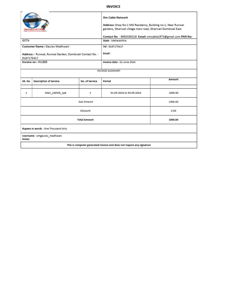 Invoice for Om Cable Network Services | PDF