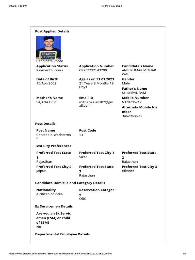 CRPF Form 2023 - Washerman | PDF