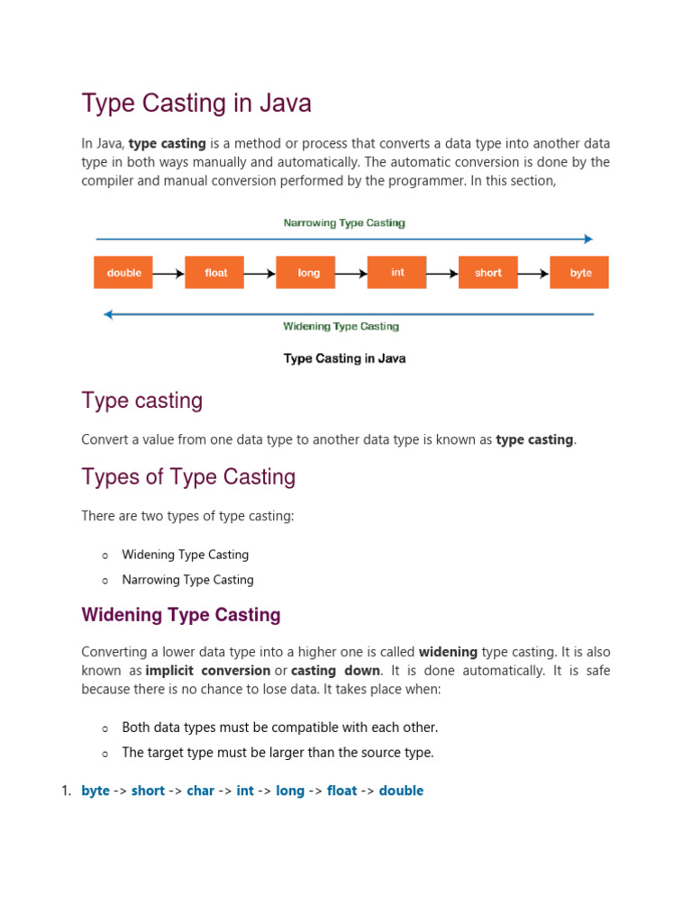 Type Casting in Java | PDF | Data Type | Integer (Computer Science) Type Casting in Java | PDF | Data Type | Integer (Computer Science)